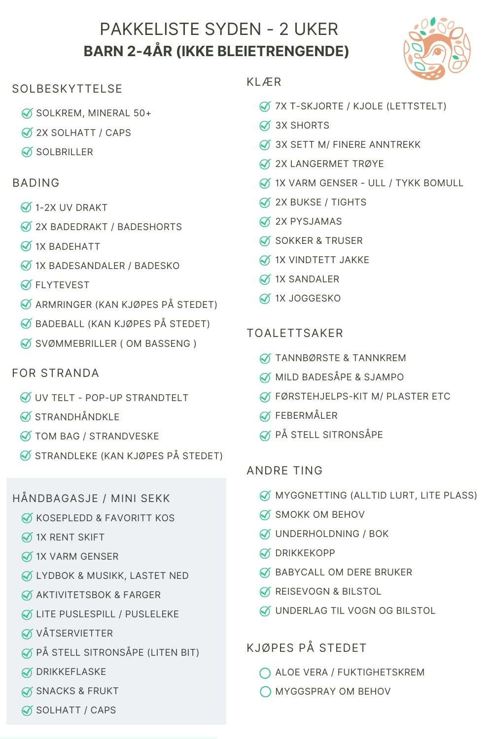 Pakkeliste for Syden med Baby & Barn | OhDearBaby.no